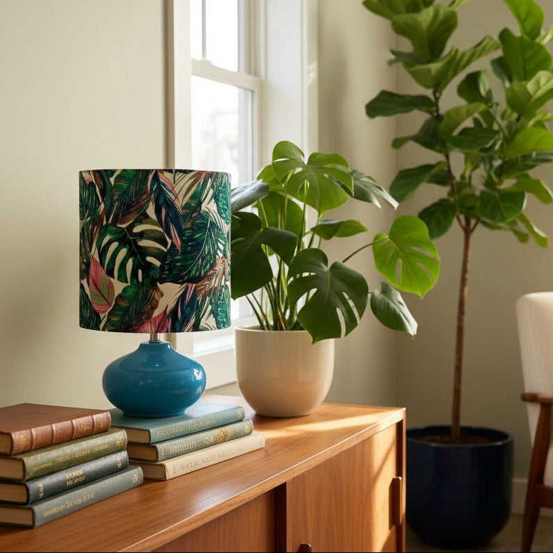 Blue Ceramic Table Lamp with Bright Leaves Shade – Far Fetched Designs